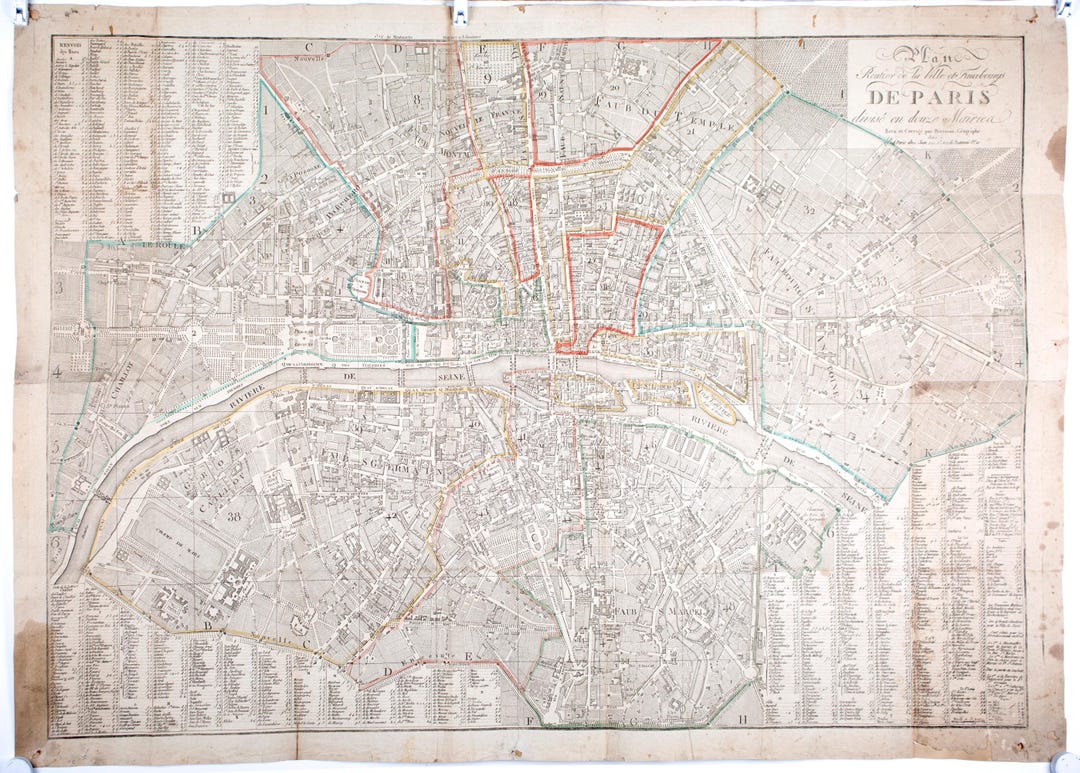 1825 Large French Map of Paris Plan Routier De La Ville Et Faubourg ...