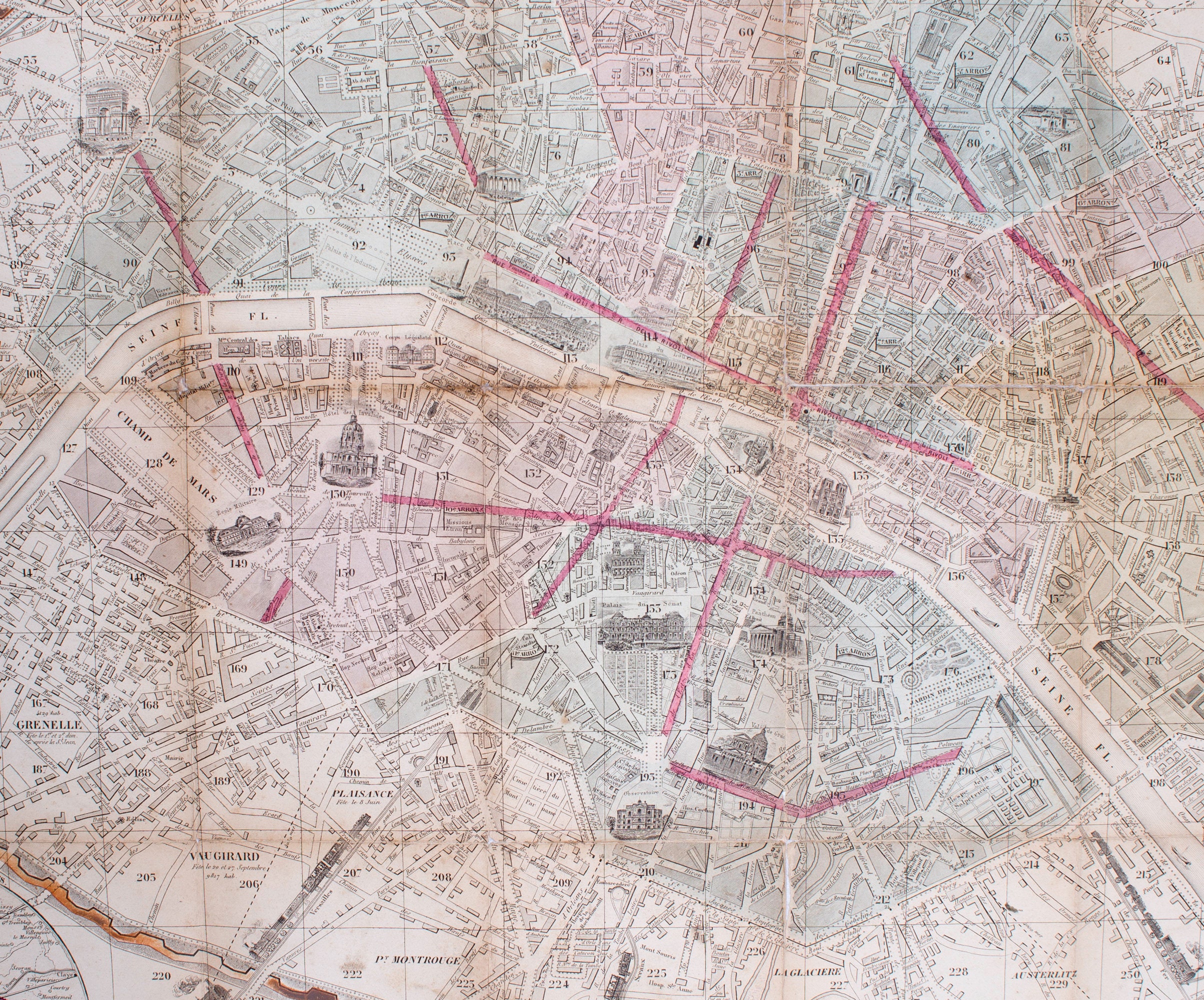 1858 Large FRENCH Antique Map of PARIS Dubreuil Vuillemin on Linen ...