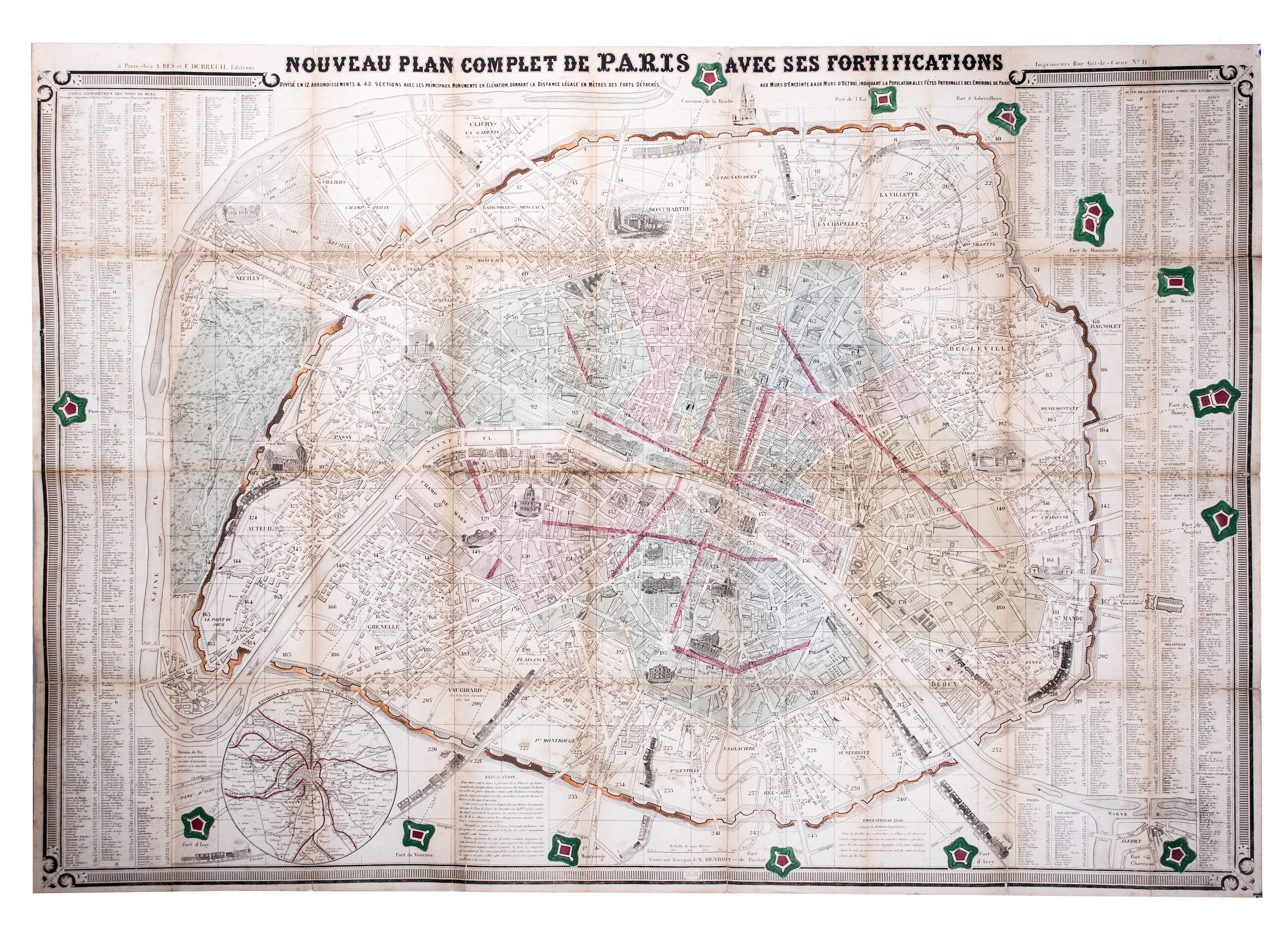 1858 Large FRENCH Antique Map of PARIS Dubreuil Vuillemin on Linen ...