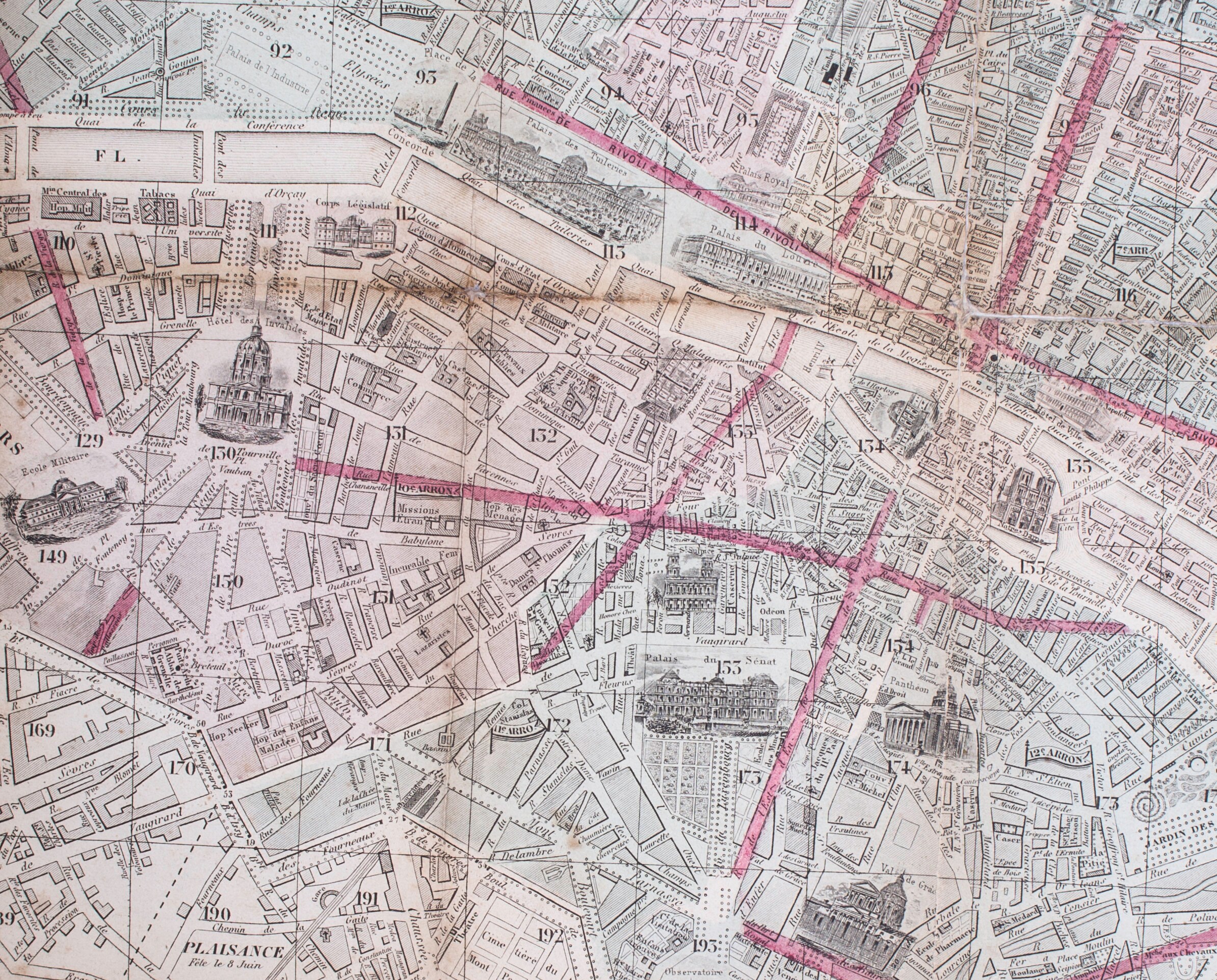 1858 Large FRENCH Antique Map of PARIS Dubreuil Vuillemin on Linen ...