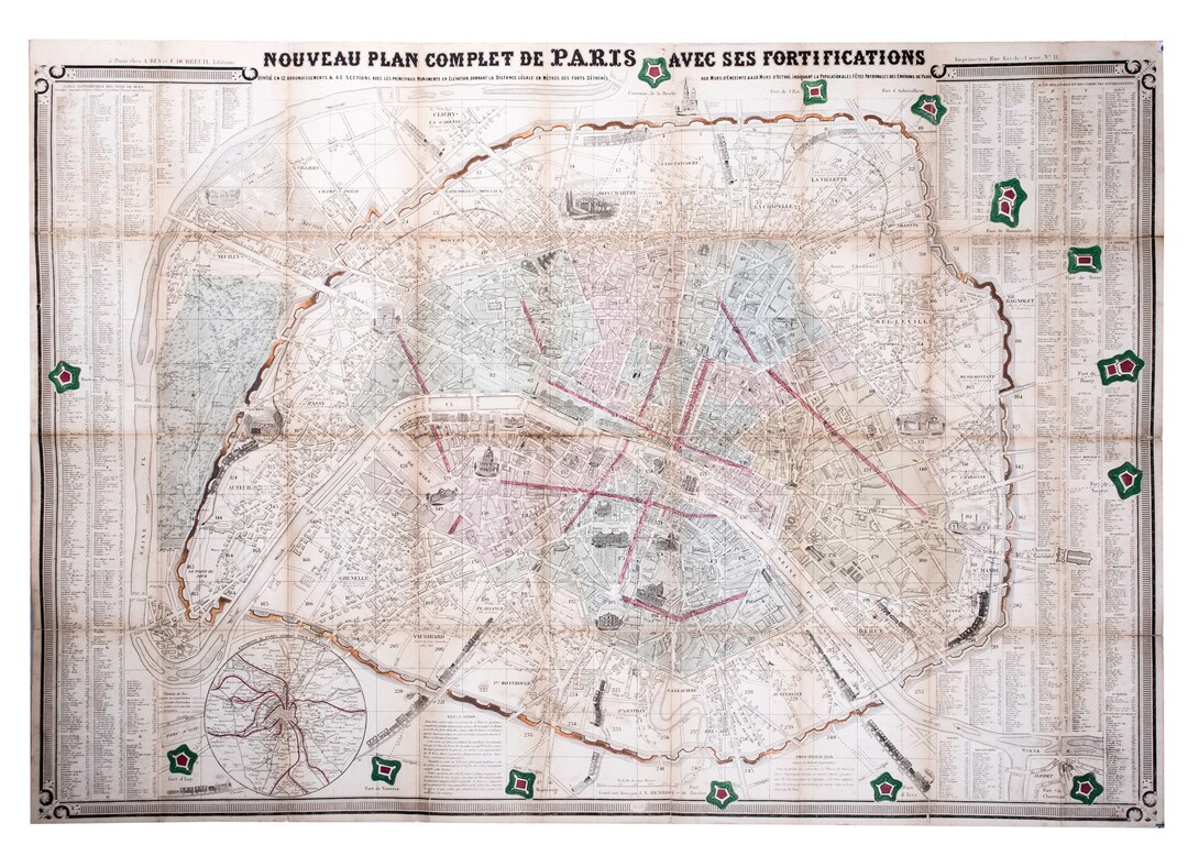 1858 Large FRENCH Antique Map of PARIS Dubreuil Vuillemin on Linen ...