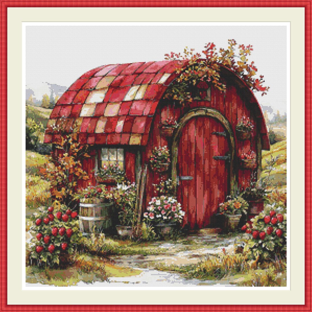 Strawberry Barn 4 Cross Stitch Pattern, Cozy Red Cottage Embroidery PDF ...