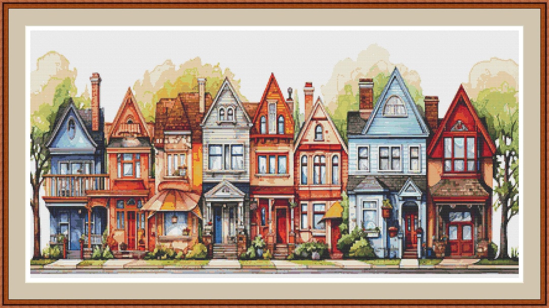 Colorful Houses 4 Cross Stitch Pattern: Cozy Neighborhood Embroidery ...
