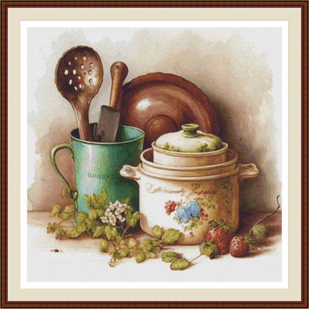 Vintage Kitchenware Cross Stitch Pattern, Rustic Kitchen Still Life ...