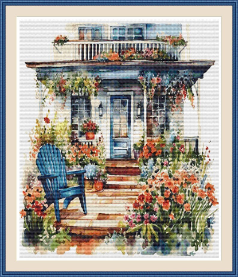 Front Porch 3 Cross Stitch Pattern: Floral Garden Blue Chair Embroidery ...