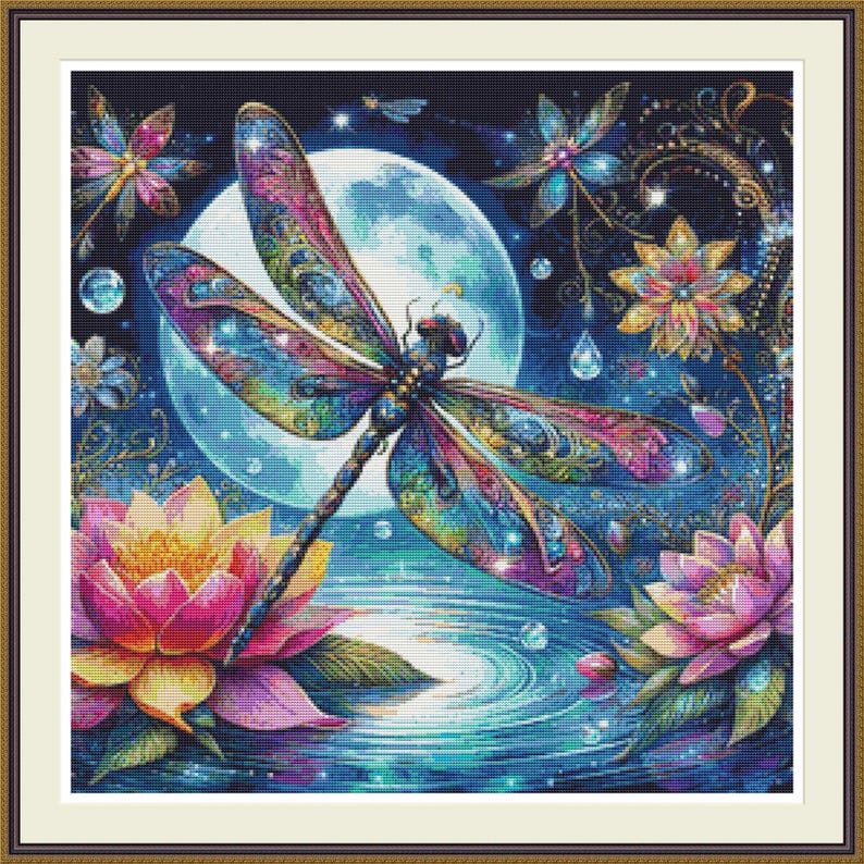 Dragonfly by the Moonlight 2 Cross Stitch Pattern, Fantasy Night ...