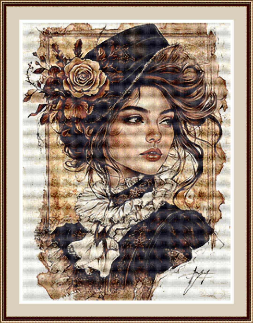 Sepia Lady 3 Cross Stitch Pattern: Antique Style Floral Portrait PDF ...