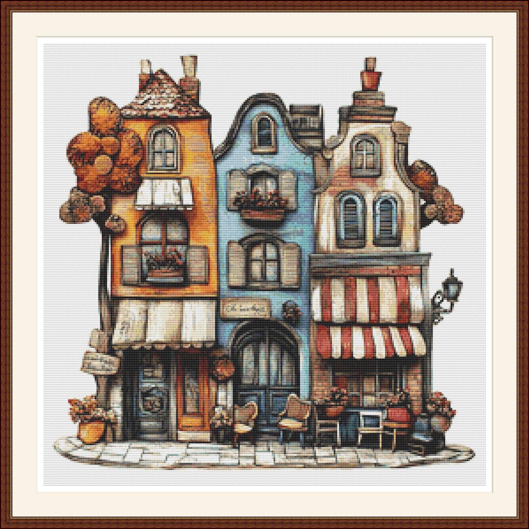 Storefronts 1 Cross Stitch Pattern: Colorful Townhouses Storefront ...