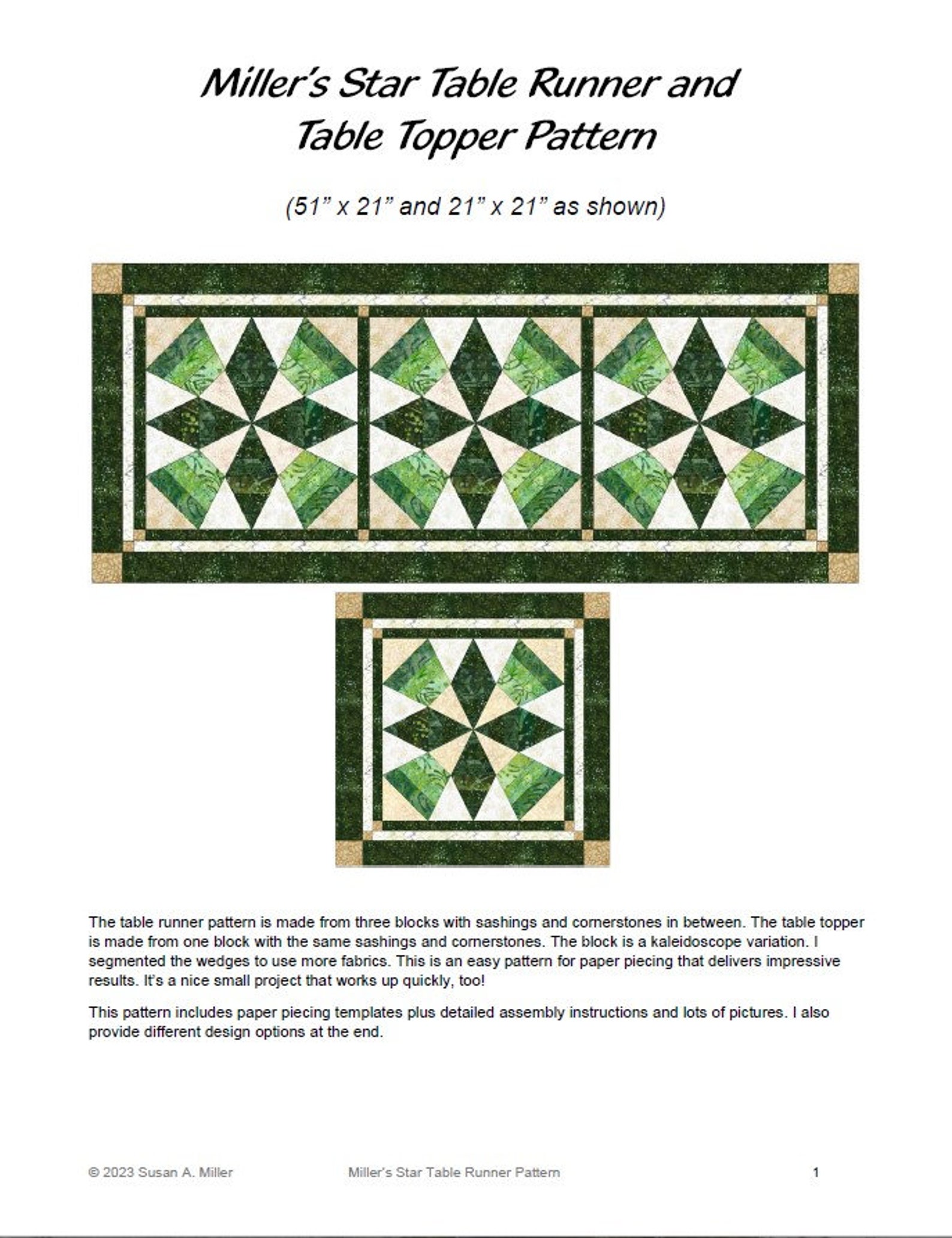 Miller's Star Quilted Table Runner and Table Topper Pattern - Etsy