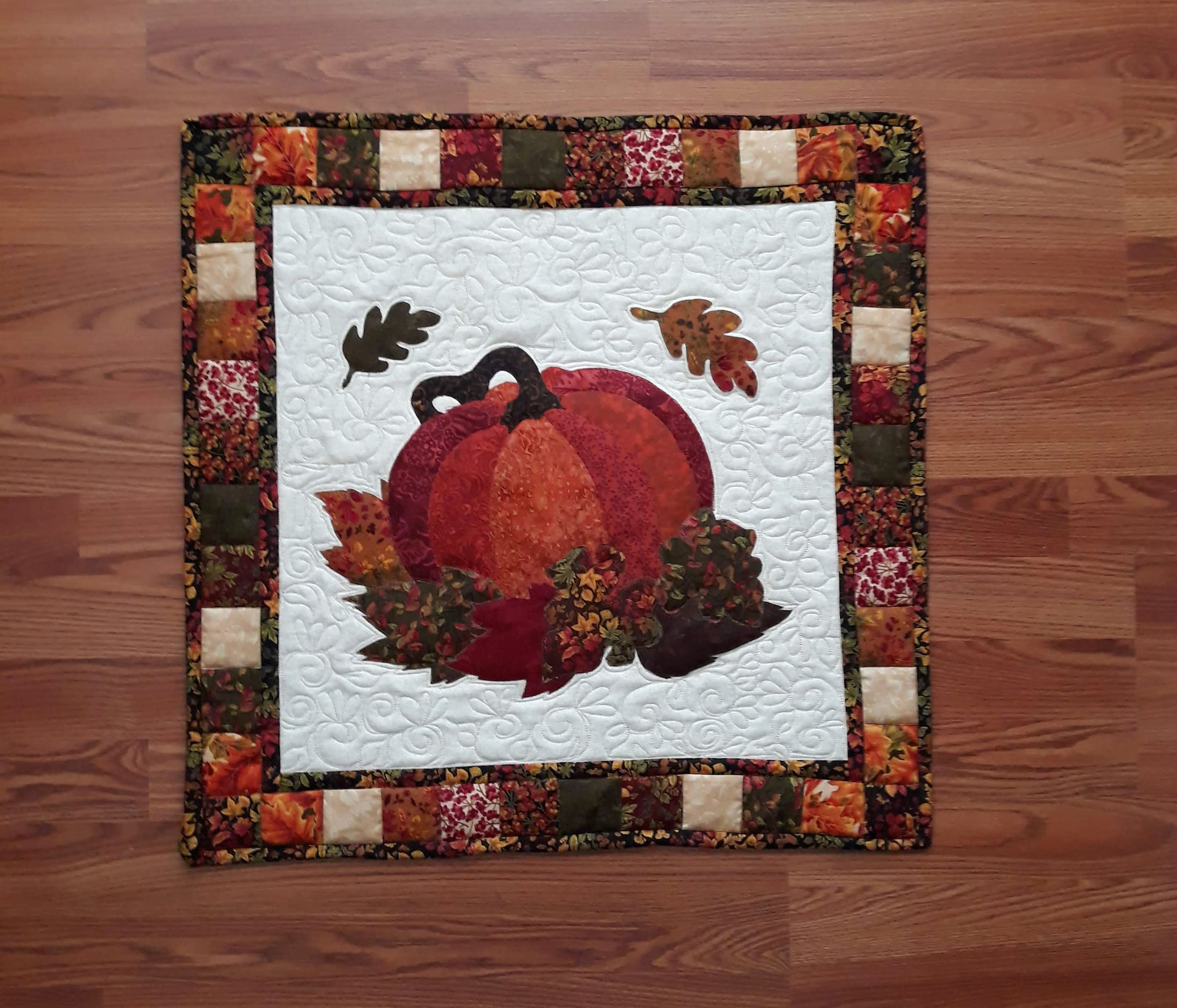 Autumn Pumpkin and Leaves - Appliqued Quilted Wall Hanging or Table Topper PDF Pattern, Raw-edge ...