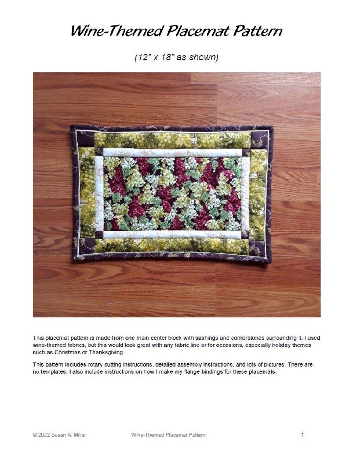 Wine-themed Quilted Placemat PDF Pattern, Pieced Blocks, Easy Placemat ...