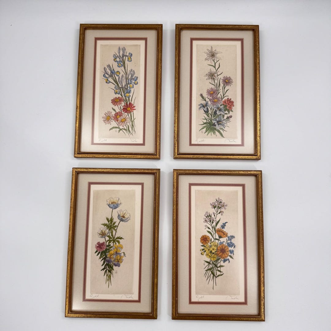 Vintage Botanical Prints Set of 4 Hand-colored Etchings Signed in ...