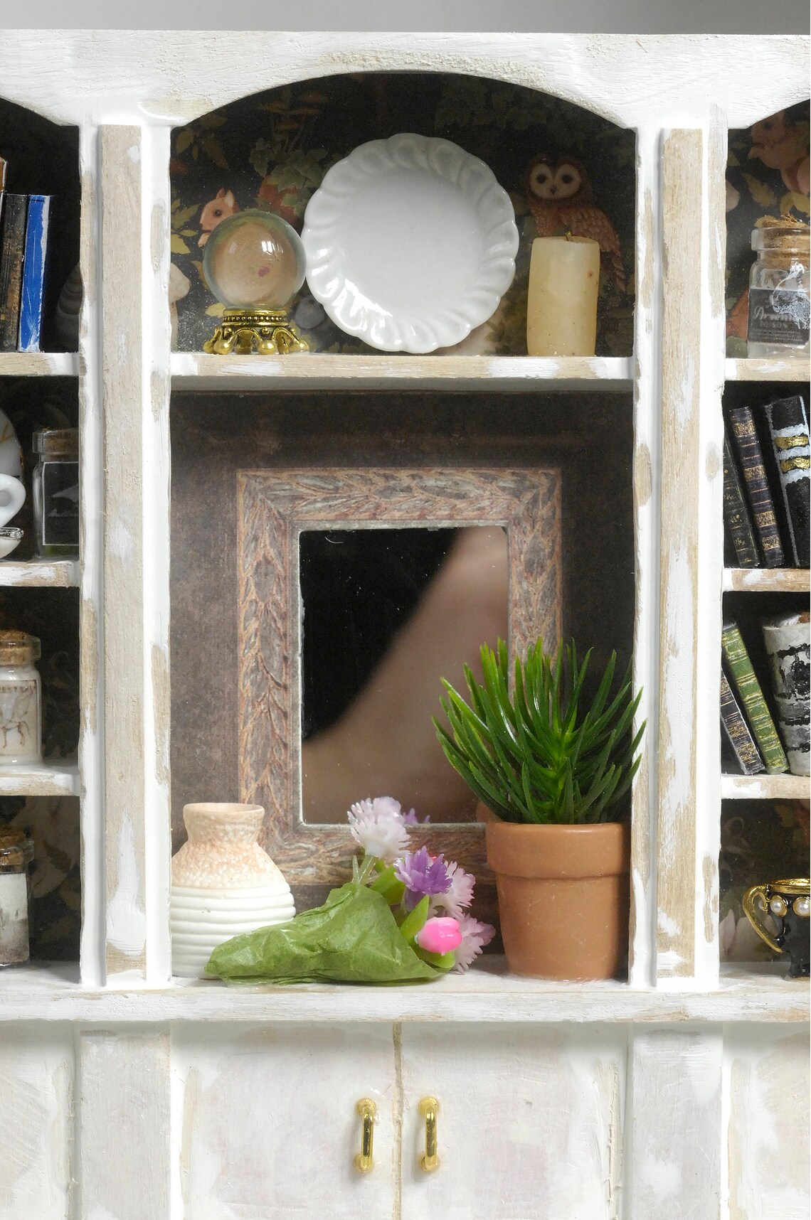 Miniature Dollhouse Distressed Bookcase, Books, Hanging Plants, Potions ...