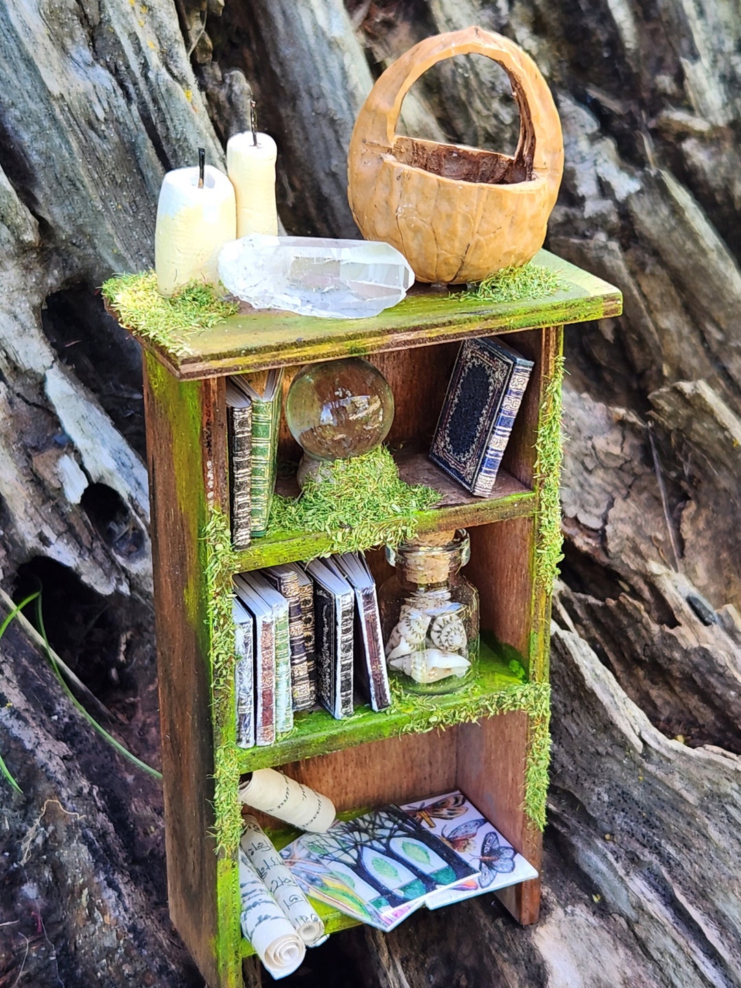 Woodland Crystal Fairy Bookcase Miniature Mushroom Dollhouse Ooak 10 ...