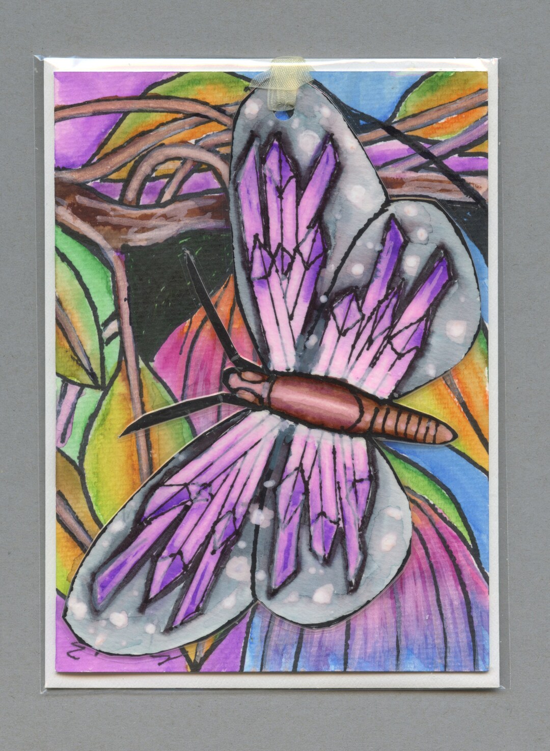 Amethyst Crystal Moth Art Card: Hand-painted Butterfly Bookmark - Etsy