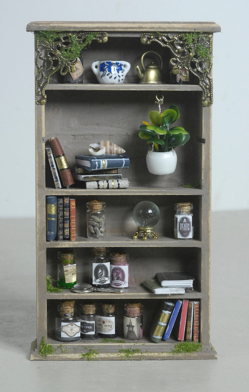 Miniature Dollhouse Bookcase, Books, Hanging Plants, Potions, Magic Cottagecore Handmade 1:12 ...