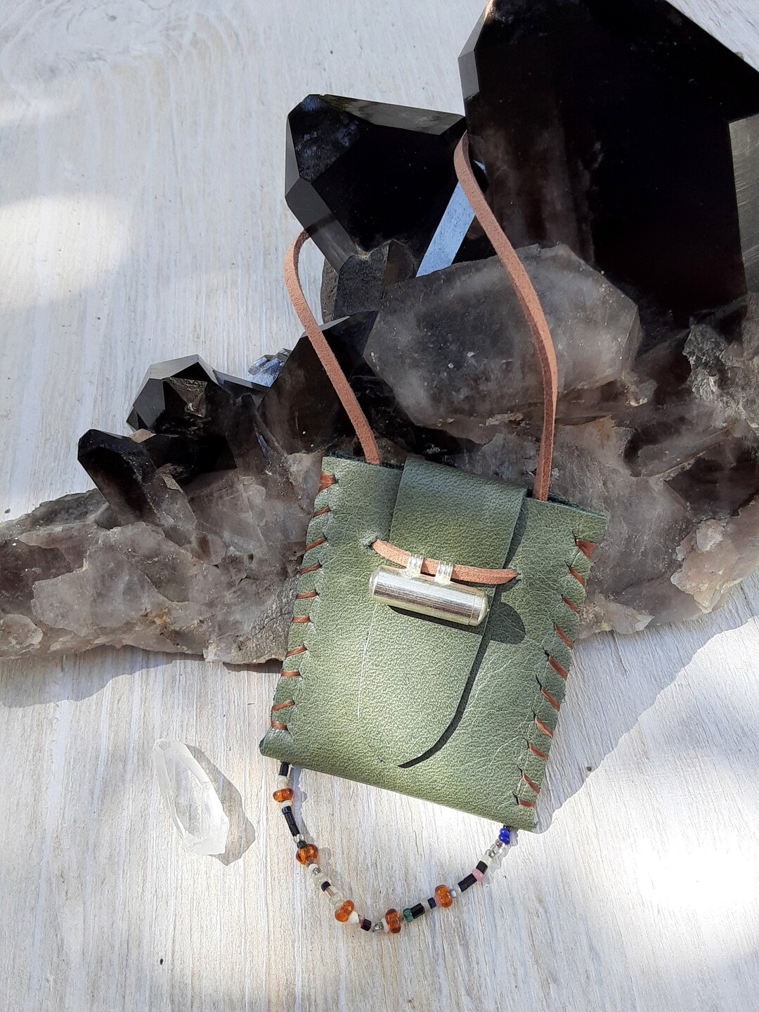Handmade Leather Medicine Crystal Pouch Bag Necklace #11 BOHO Native ...