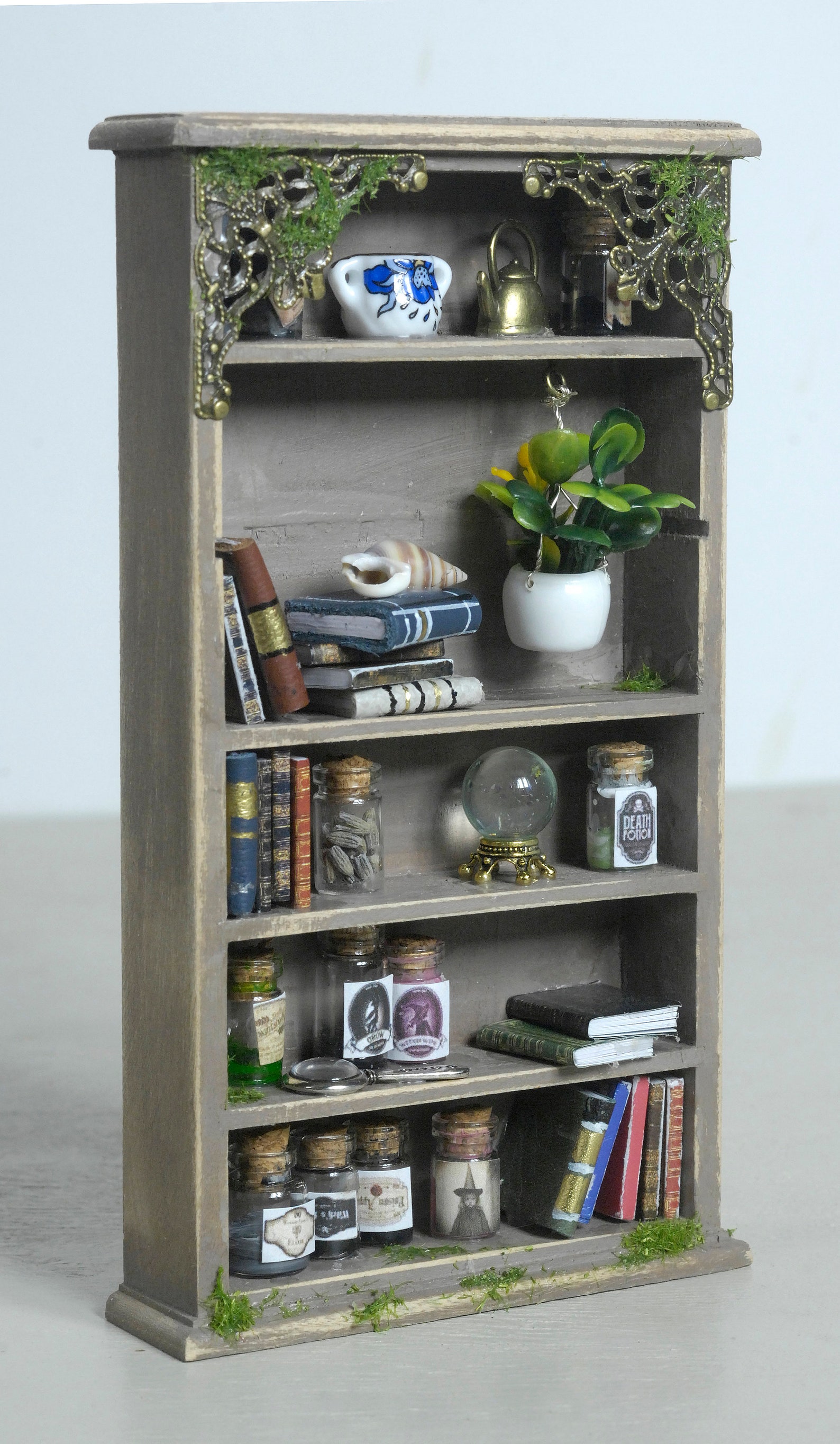 Miniature Dollhouse Bookcase, Books, Hanging Plants, Potions, Magic Cottagecore Handmade 1:12 ...