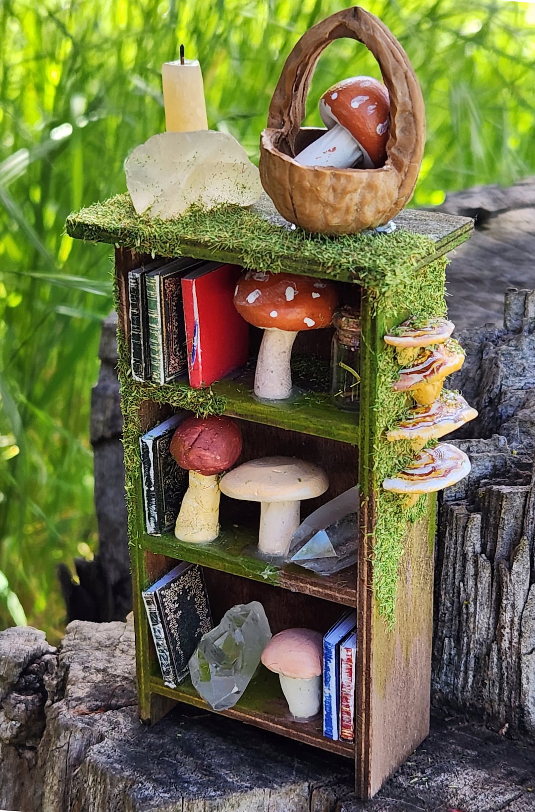 Woodland Crystal Fairy Bookcase Miniature Mushroom Dollhouse Ooak 9 ...
