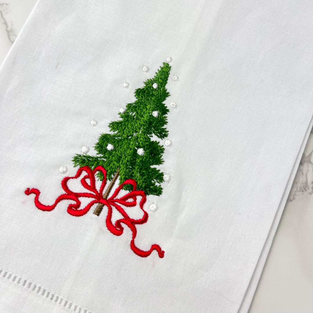 Evergreen Tree With Red Bow Embroidered Hemstitched Hand Towel. Holiday ...