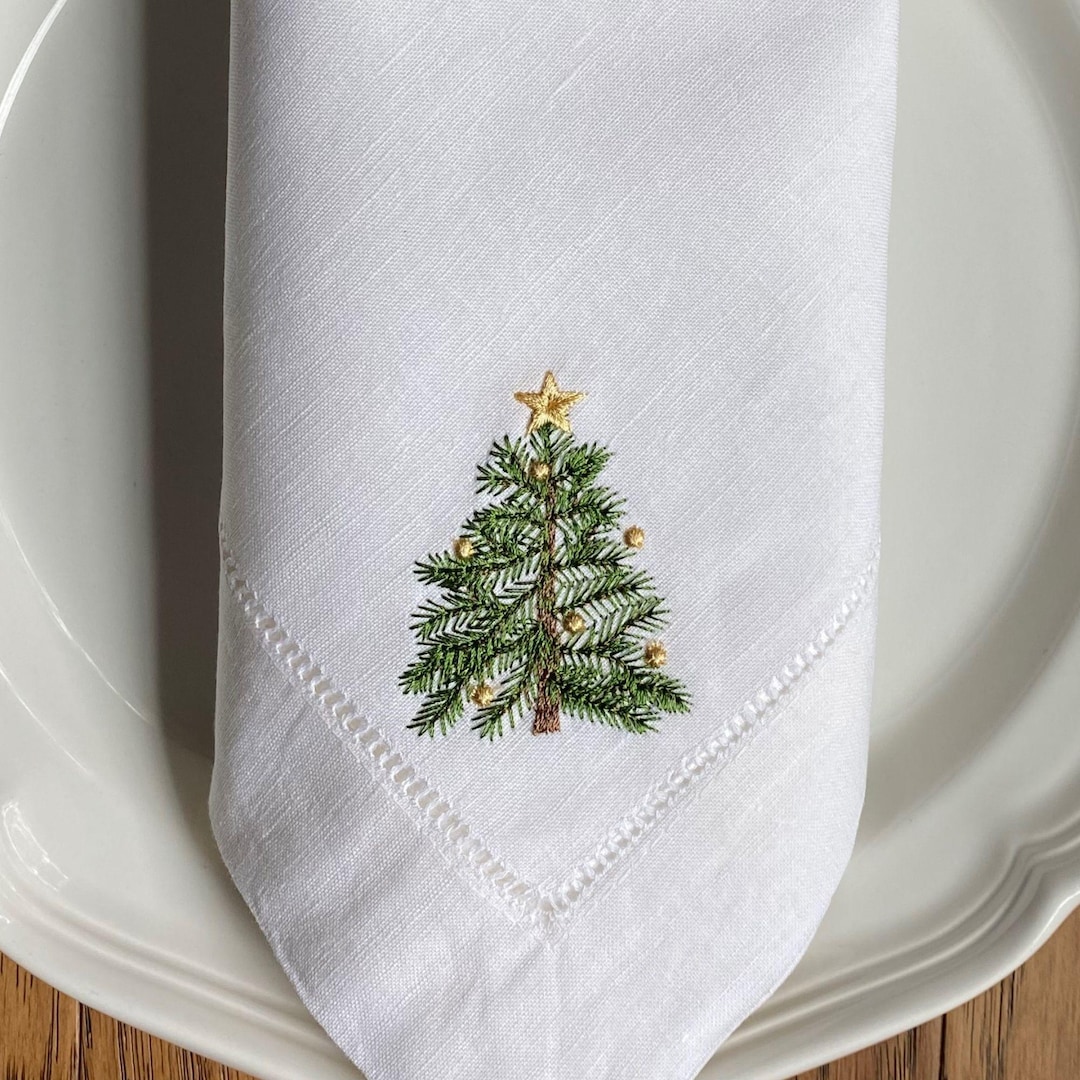 Holiday Tree Collection Embroidered Linen Dinner Napkin Ready to Ship ...