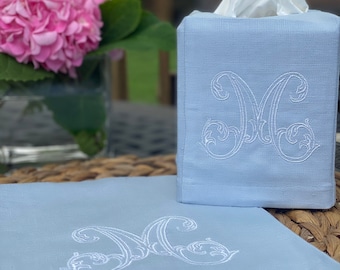 Monogrammed Linen Tissue Box Cover. Personalized Gift. Vine | Etsy