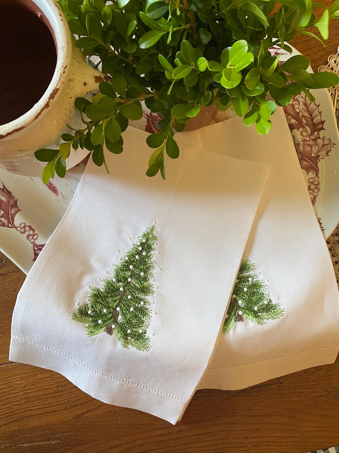Embroidered Evergreen Tree Hand Towel: Hemstitched Holiday Decor - Etsy