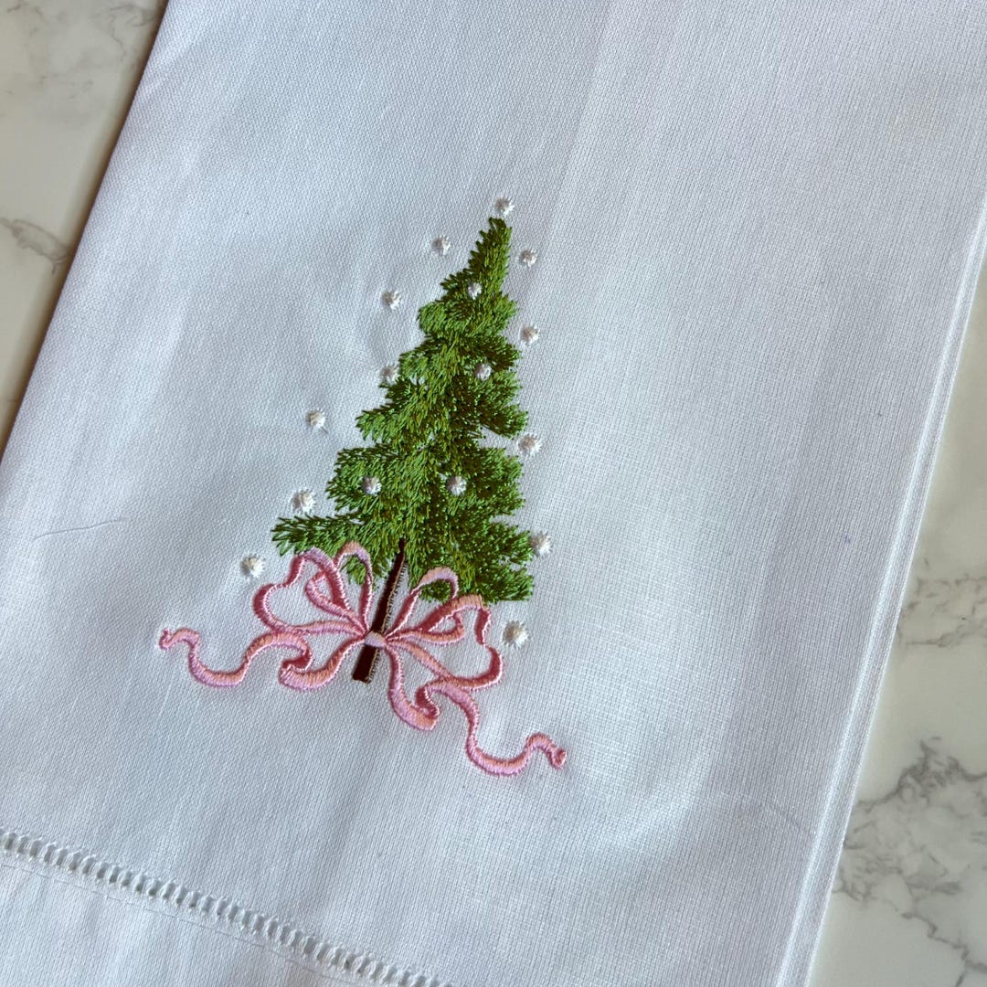 Evergreen Tree With Bow Embroidered Hemstitched Hand Towel. Holiday ...
