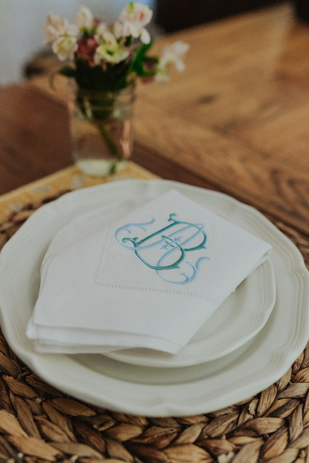 Monogram Double Initial Dinner Napkin Embroidered Coutour Duogram. Gift ...