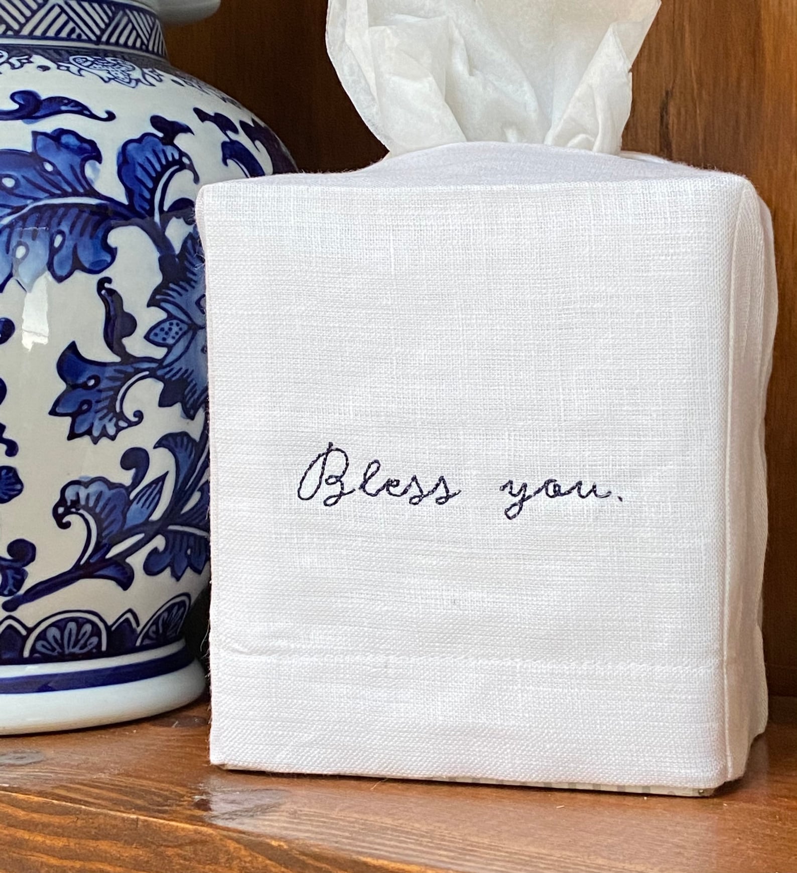 Bless You Embroidered Linen Tissue Box Cover. - Etsy