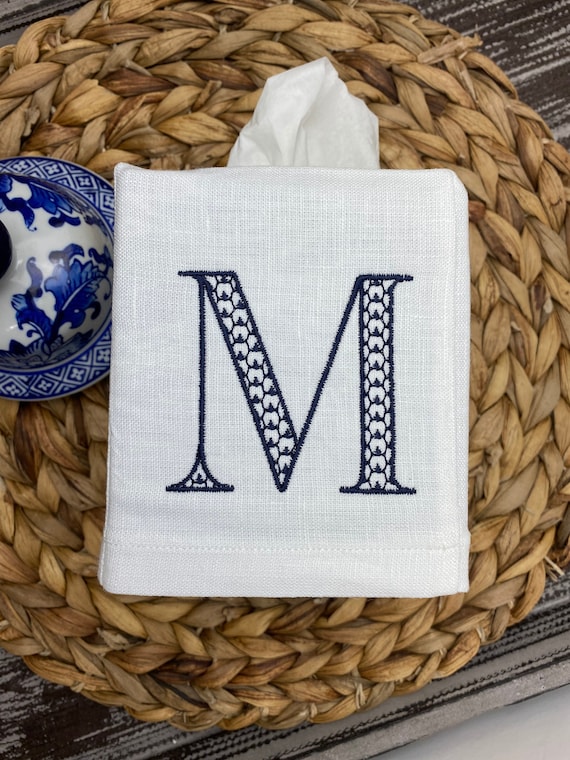 Monogrammed Linen Tissue Box Cover Personalized Gift Serif | Etsy