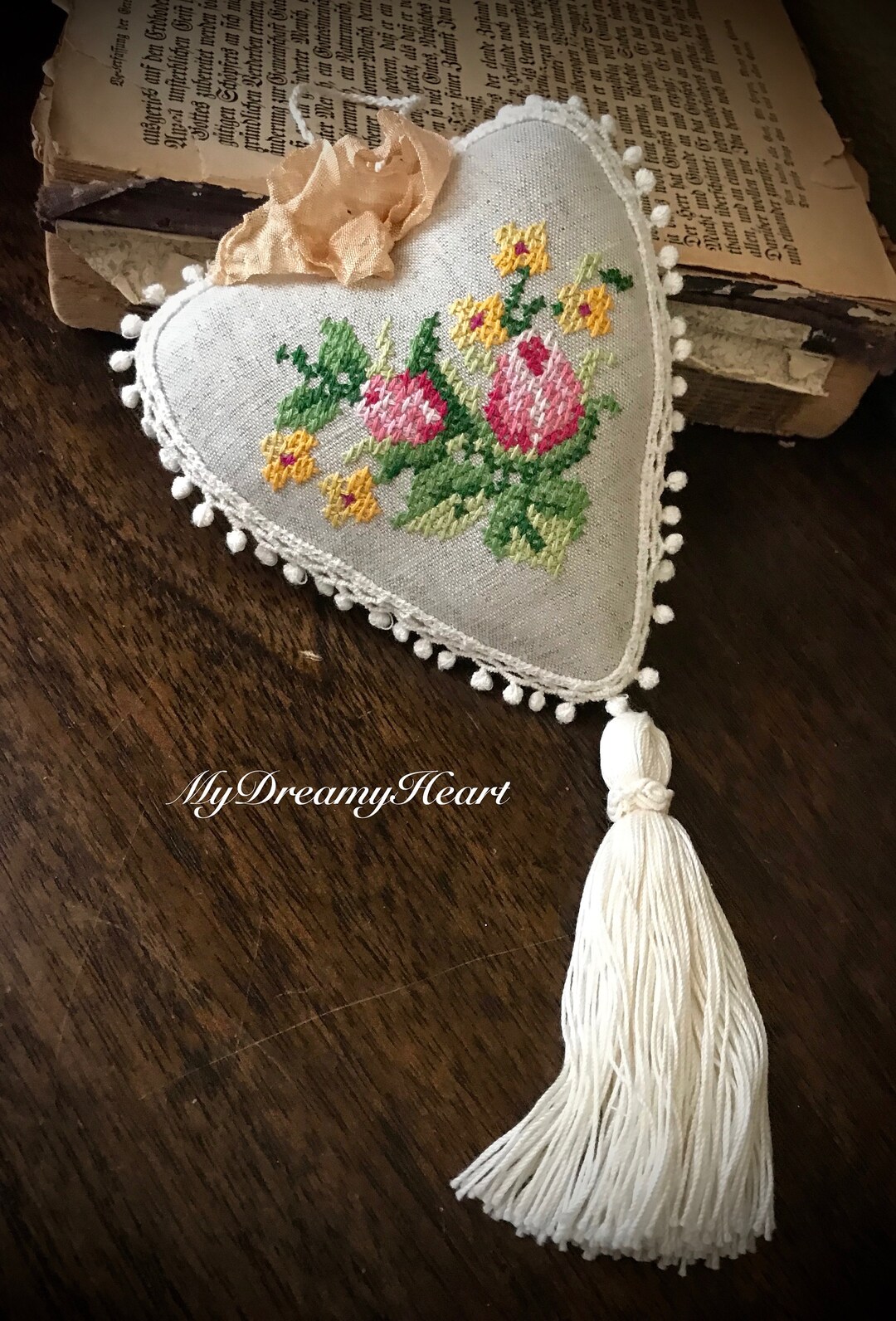 Fabric Heart, Linen Heart, Cross Stitch Rose, Embroidery, Romantic ...
