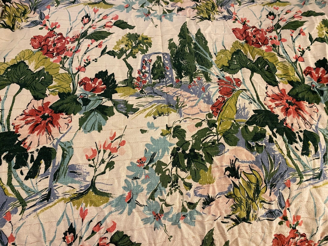 Vintage Barkcloth Panel Lovely Floral and Tree Design Nice - Etsy