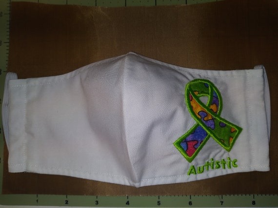 Face Mask Autistic Embroidered Puzzle Ribbon White Fabric | Etsy