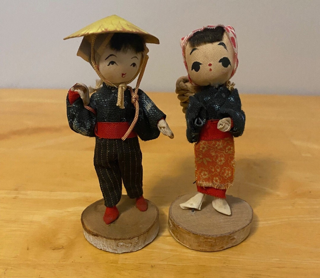 Vintage Pair of Japanese Cloth Dolls Mounted on Wood Base - Etsy