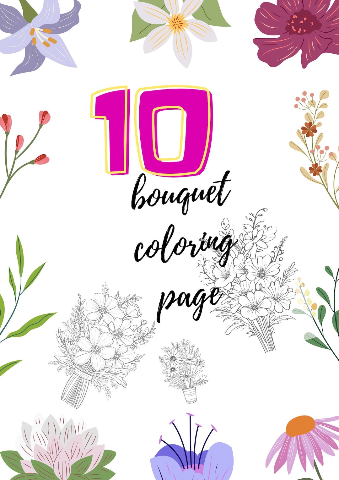 10 Flower Bouquet Coloring Book Pages Floral Coloring Page - Etsy
