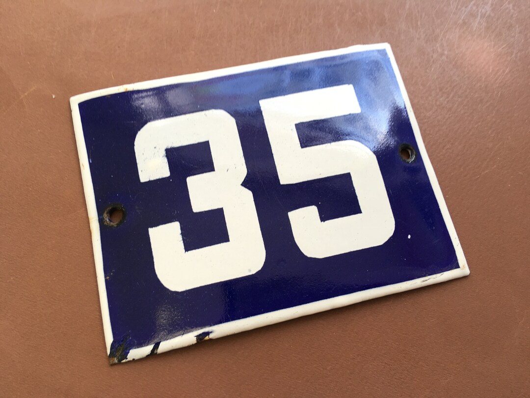 Vintage Enamel Sign Tin Porcelain House Number 35 Door Gate White Blue ...