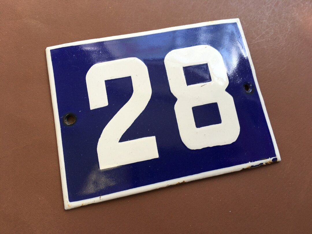 Vintage Enamel Sign Tin Porcelain House Number 28 Door Gate White Blue ...