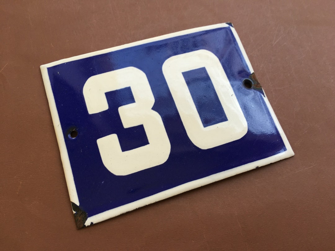 Vintage Enamel Sign Tin Porcelain House Number 30 Door Gate White Blue ...