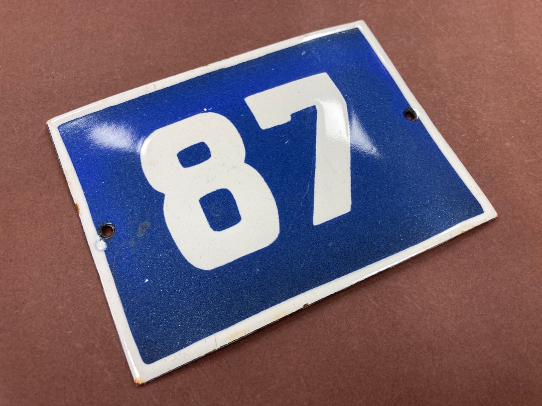 Vintage Enamel Sign Tin Porcelain House Number 87 Door Gate Blue White ...