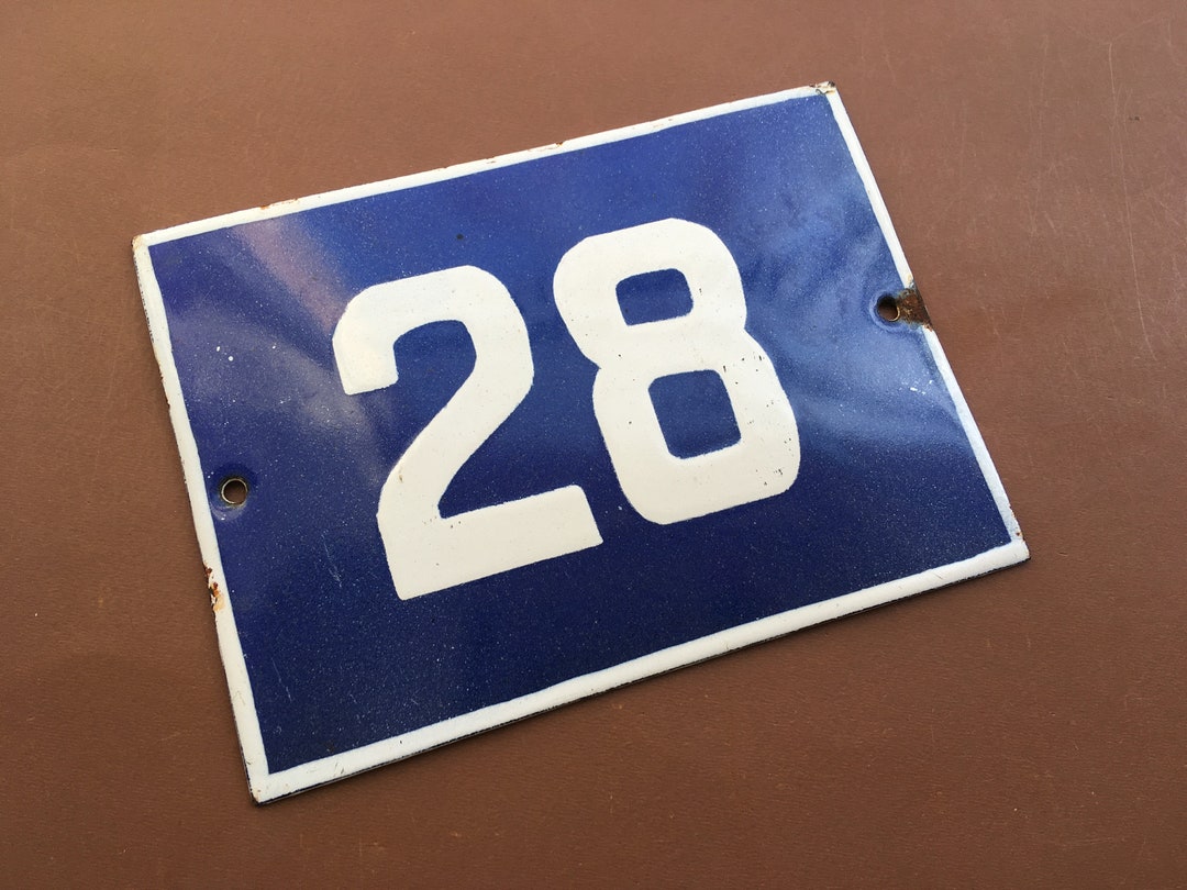 Vintage Enamel Sign Tin Porcelain House Number 28 Door Gate White Blue ...