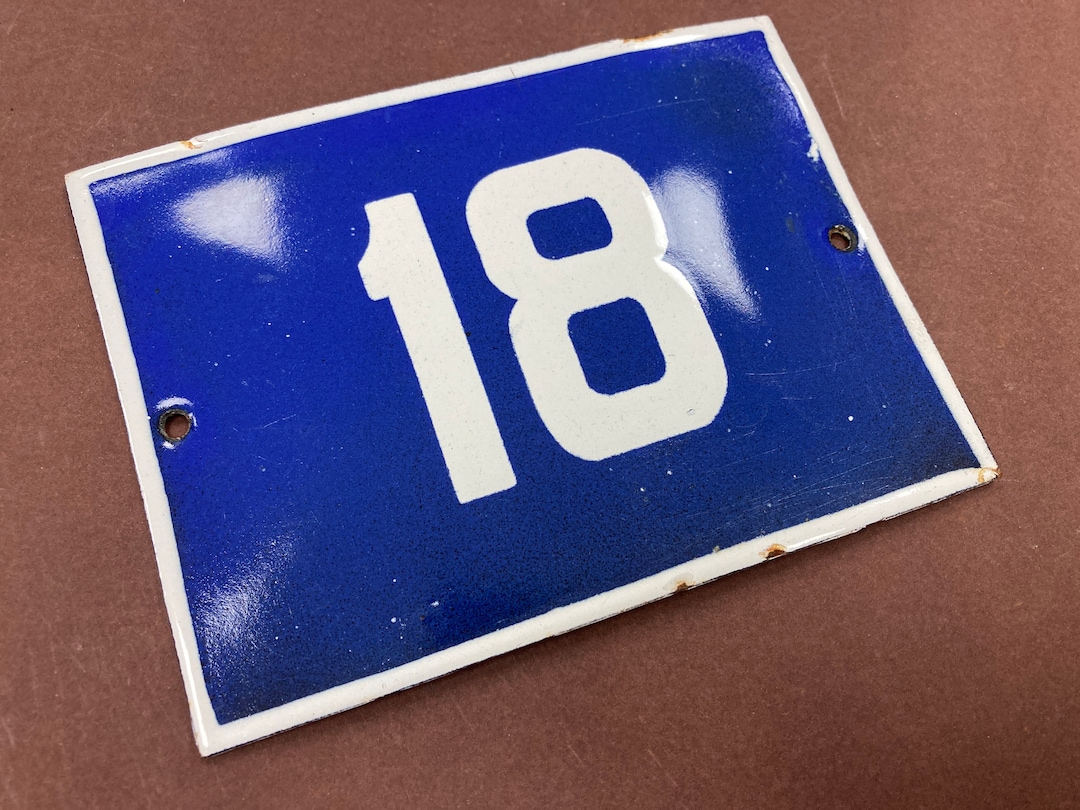 Vintage Enamel Sign Tin Porcelain House Number 18 Door Gate Blue White ...