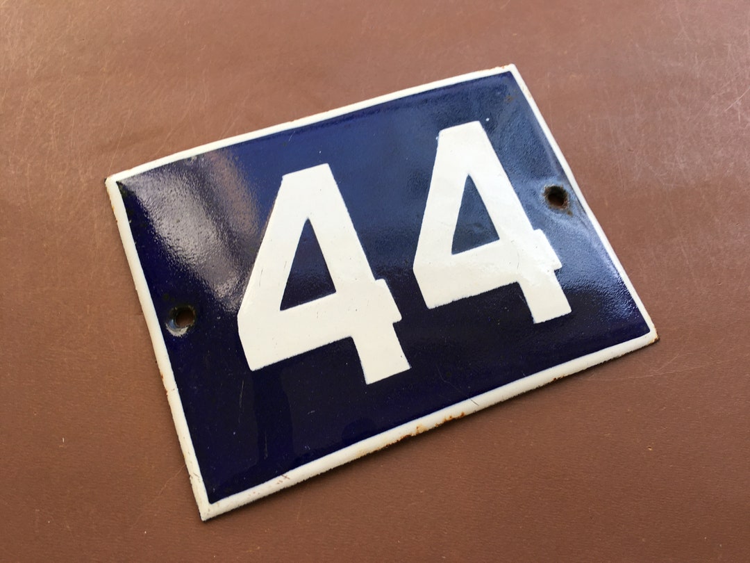 Vintage Enamel Sign Tin Porcelain House Number 44 Door Gate White Blue ...