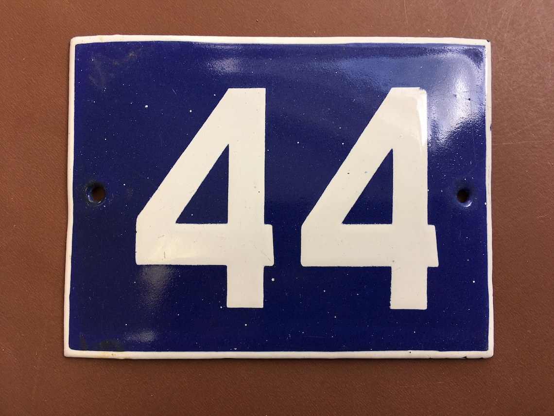Vintage Enamel Sign Tin Porcelain House Number 44 Door Gate White Blue ...