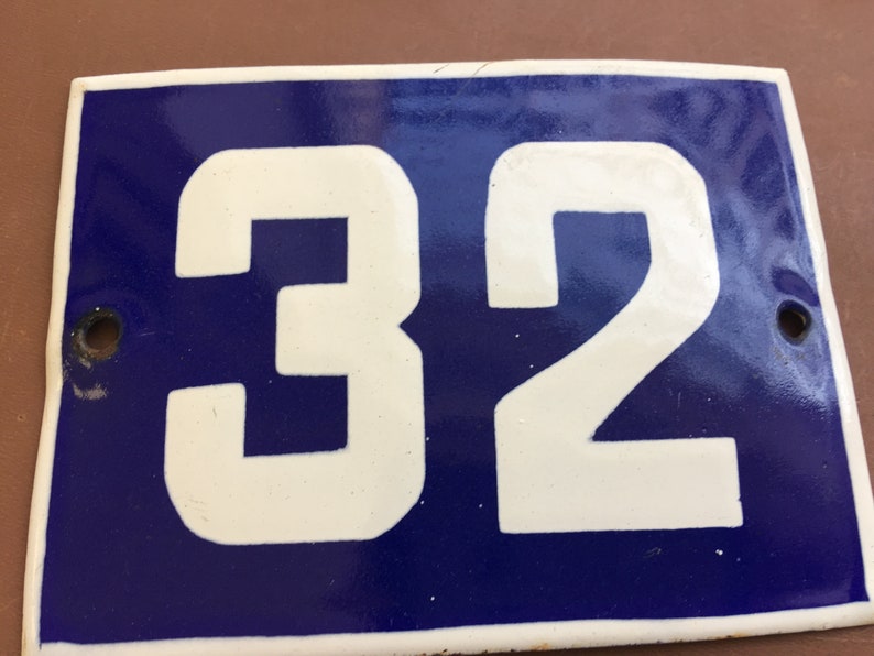 Vintage Enamel Sign Tin Porcelain House Number 32 Door Gate White Blue ...