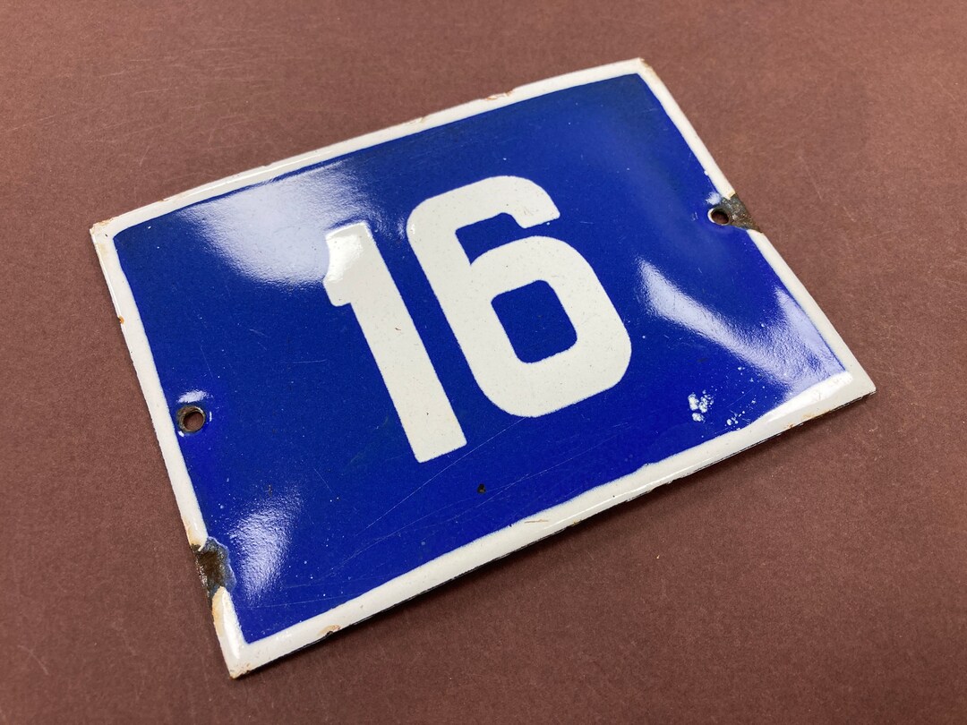 Vintage Enamel Sign Tin Porcelain House Number 16 Door Gate Blue White ...