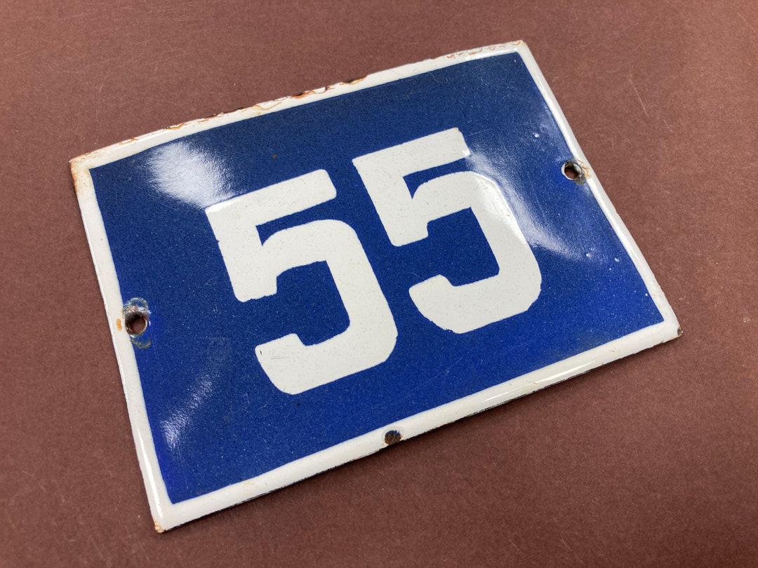Vintage Enamel Sign Tin Porcelain House Number 55 Door Gate Blue White ...