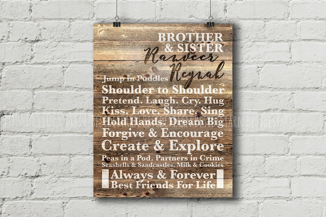 Brother and Sister Rustic Wood Wall Art, Custom Name Print ...