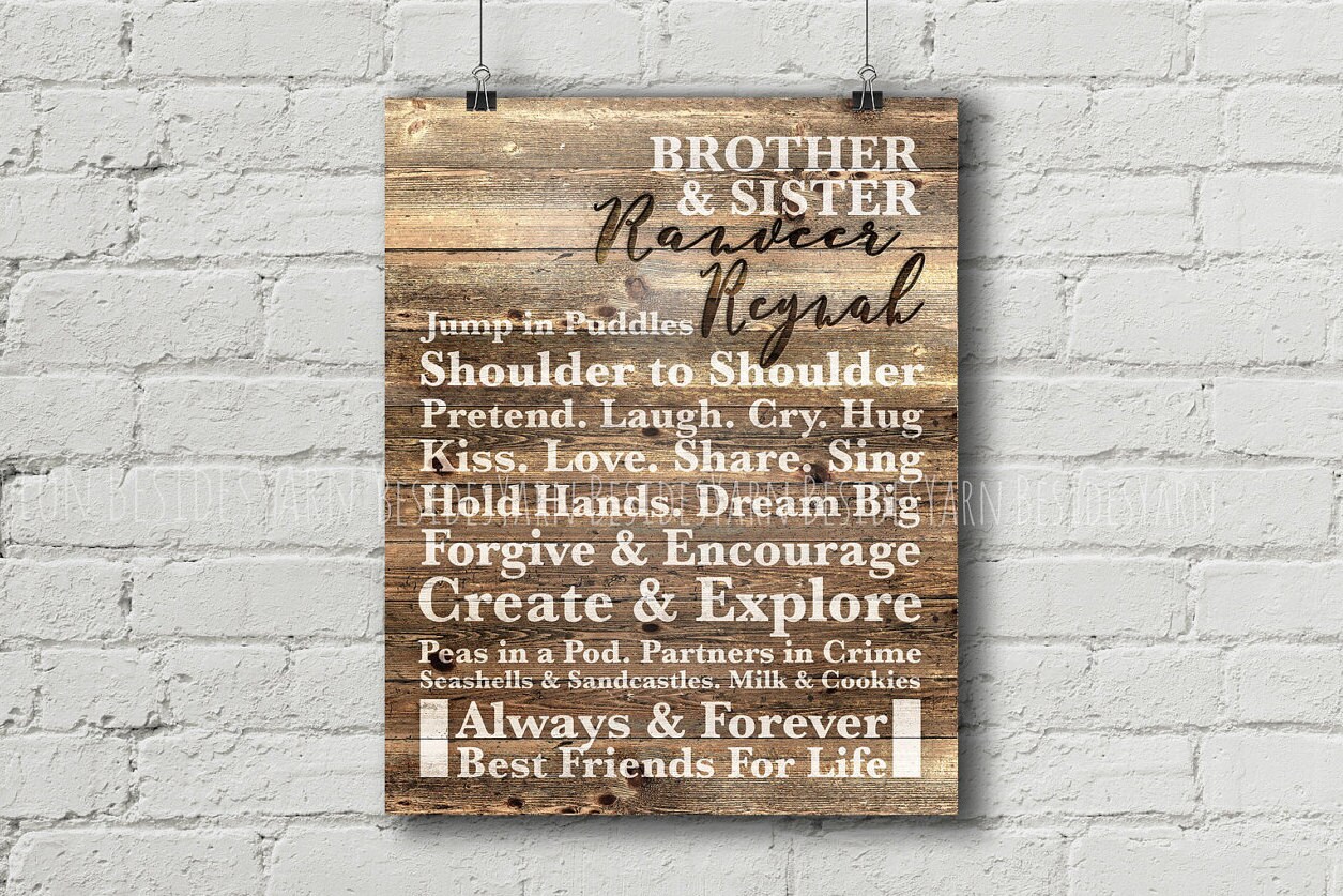 Brother and Sister Rustic Wood Wall Art, Custom Name Print ...