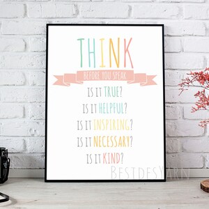 Think Before You Speak, Teacher Gift, Elementary Classroom Poster Sign ...